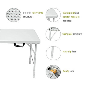 LSKSSNG 4 Ft Portable Folding Table, Heavy Duty Plastic Fold-in-Half Utility Foldable Table Small Indoor/Outdoor, Adjustable Height Plastic Folding Table with Carrying Handle for Camping and Party