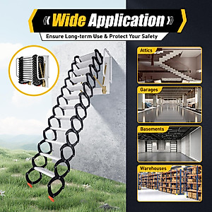 Attic Ladder Pull Down 11 Steps Attic Stairs Alloy Attic Access Ladder 9 ft Height Wall-Mounted Folding Loft Stairs with Armrests for Attic