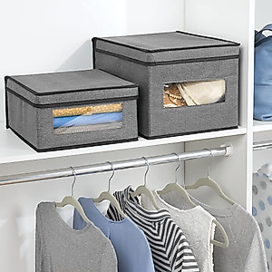 mDesign Large Fabric Stackable Closet Organizer Box with Clear Window/Lid for Bedroom, Office, Bathroom, Mudroom Organization - Shoe, Sweater, Clothes Storage, Lido Collection, Dark Gray/Black