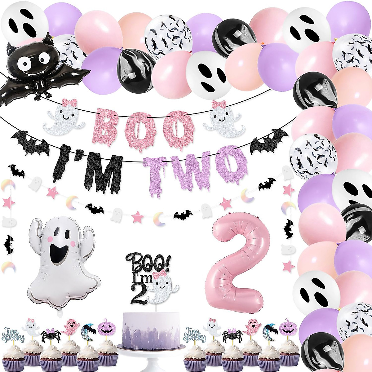 Boo I'm Two Halloween Birthday Party Pack Boo I'm Two Banner Cake Topper Halloween Ghost Bat Balloons for Girls' Pink and Purle Halloween Birthday Decorations