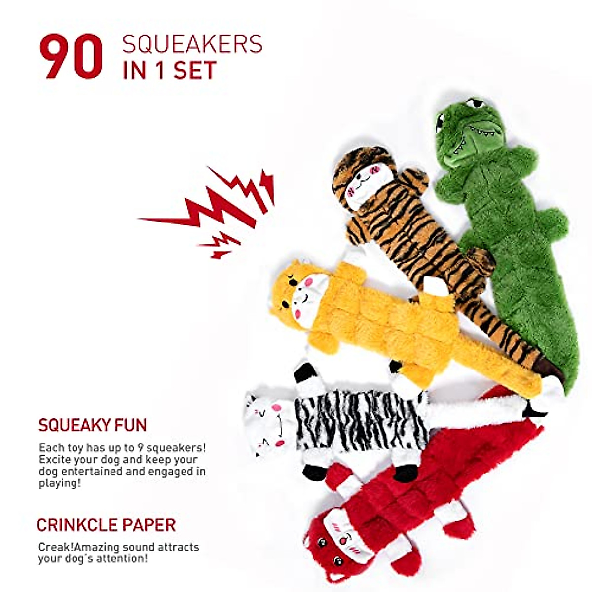 Nocciola 10 PCS Crinkle Dog Squeaky Toys with Double Layer Reinforced Fabric, Durable Plush Dog Toys, No Stuffing Body Dog Toy Set for Small to Large Dogs (10PCS 90 squeakers)