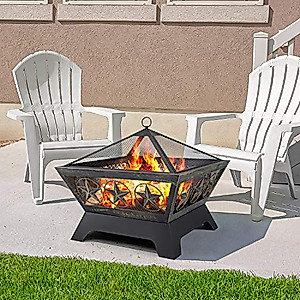 AMAGABELI GARDEN & HOME Fire Pit Outdoor Wood Burning 24in with Fireplace Poker Spark Screen Retardant Mesh Lid Rustproof Bronze