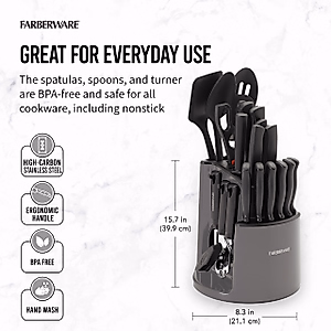 Farberware 30-Piece Spin-and-Store Knife and Kitchen Tool Set with Rotating Storage Caddy, High Carbon-Stainless Steel Kitchen Knives, Razor-Sharp Knife Set, Black