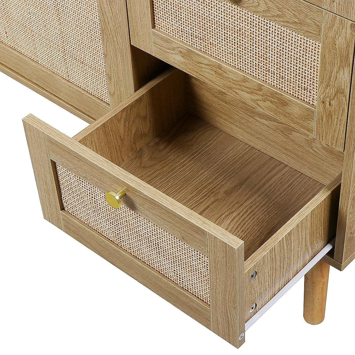 Anmytek Rattan Sideboard Buffet Cabinet with 2 Doors and 3 Drawers, Buffet Cabinet with Storage Wood Credenza Storage Cabinet for Living Room Dining Room Hallway Kitchen, Natural Oak H0088