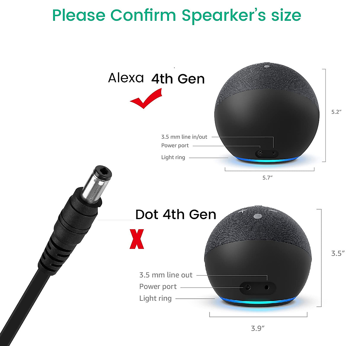 Extension Power Cord Replacement for Echo Show 8, Show 10 3rd Generation, Echo Show 2nd Gen, Amazon Echo 4th Gen - 10 ft Long DC Charger Cable