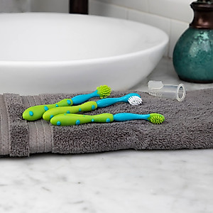 Dr. Talbot's Oral Care Set with Stand; 4-Stage System with 1 Silicone Finger Massager, 2 Massaging Brushes, 1 Soft Nylon Bristle Toddler Toothbrush; 0+ Months, Blue & Aqua