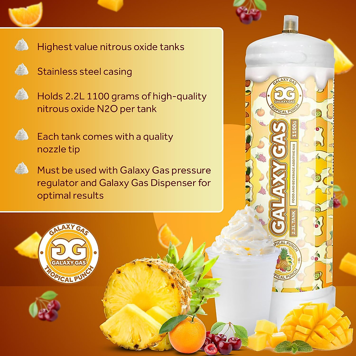 Galaxy Gas Tropical Punch Flavor, Whipped Cream Dispenser Cartridge Tank, Nitrous Oxide 2.2L 1100 Gram, Whipped Cream Tank, N2O Charger Tank, 1 Cylinder