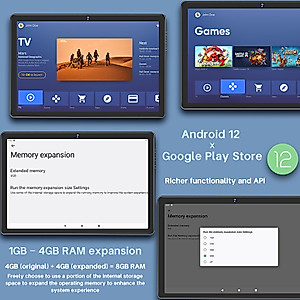 Tablet DMOAO Android 12 Tablet 2023 Latest Octa-Core 2.0GHz CPU 2 in 1 Tablets with 8GB RAM 64GB ROM/512GB Expandable, Google Certified 5G WiFi Tableta (Black)