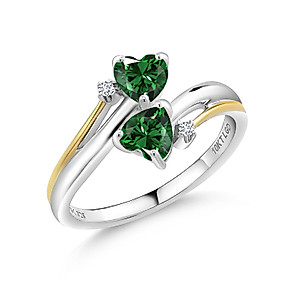 Gem Stone King 1.02 Ct Green Nano Emerald 925 Silver and 10K Yellow Gold Lab Grown Diamond 2 Heart Promise Couple Engagement Mother Ring (Size 9)