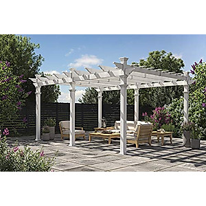 Vita 12 Foot by 16 Foot White Vinyl Barcelona Flat Top Pergola, PVC, Shade Structure, Outdoor Living, BPA and Pthalate Free, VA42028