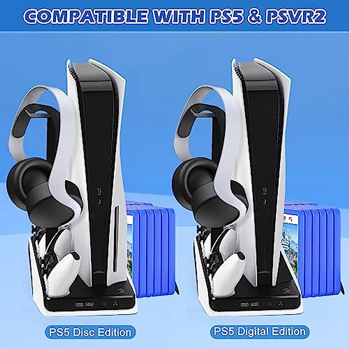 PS5 Cooling Station with RGB LED for Playstation 5 Console, Grathia Dual Fast PS5 Controller Charging Station with Cooling Fan, PS5 Controller Charging Doking Station with 12 Games & Headset Holder