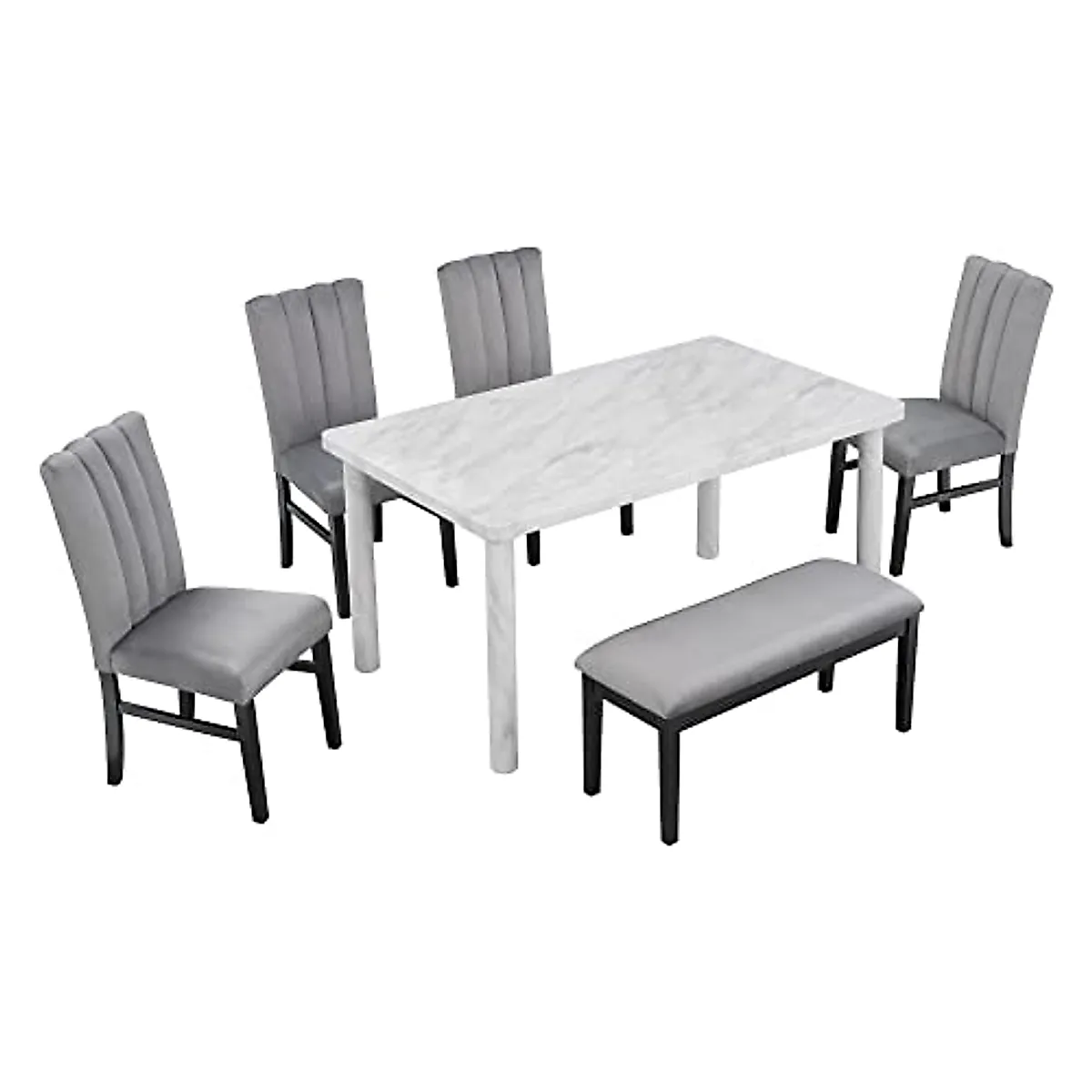 Goozio 6-Piece Dining Table Set with Marble Veneer Tabletop, 4 Flannelette Upholstered Chairs and 1 Bench for Kitchen, White+Gray