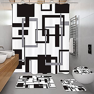 Gibelle 4 Pcs Bathroom Shower Curtain Set with Non-Slip Rugs, Toilet Lid Cover and Bath Mat, Grey Black and White Bathroom Decor Set with Shower Curtain and Rugs and Accessories