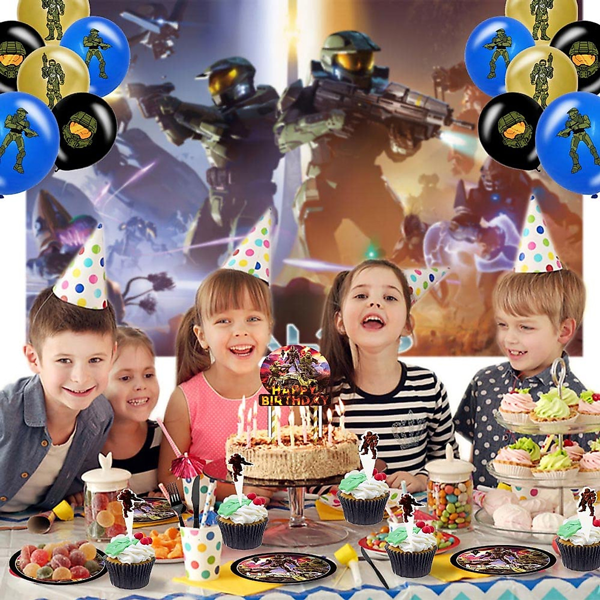 The Master Chief Birthday Party Supplies Chieftain Game Shooting Game Theme Birthday Party Decorations Set Banner Cake Topper Balloons Party Decorations for Kids