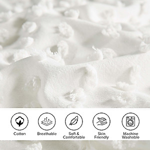 Comfort Spaces Cotton Comforter Set Jacquard Pom-Pom Tufts Design, Down Alternative, All Season Modern Bedding, Matching Shams, Full/Queen, Phillips, Ivory