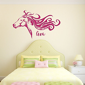 Room Wall Decor - Horse Head w/Customized Name Rustic Vinyl Decal Stickers for Home in Teen n Kids, Girls n Boys Bedroom, Bathroom or Playroom - Custom Sizes and Colors Match Any Themed Living Space