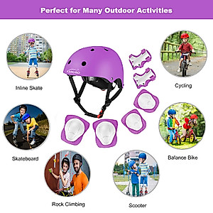 KAMUGO Kids Adjustable Helmet, with Sports Protective Gear Set Knee Elbow Wrist Pads for Toddler Age 3-8 Boys Girls, Bike Skateboard Hoverboard Scooter Rollerblading Helmet Set (Purple)