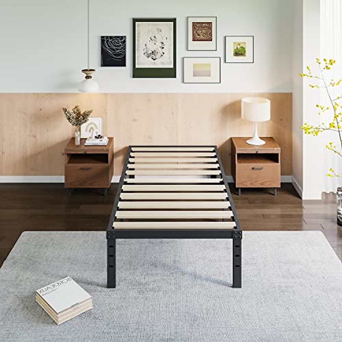 Auroral Zone Twin Bed Frame 14 Inches Tall 3 Inches Wide Wood Slats with Better Support for Foam Mattress No Sagging No Slip, No Box Spring Needed, Noise Free, Easy Assembly-Black