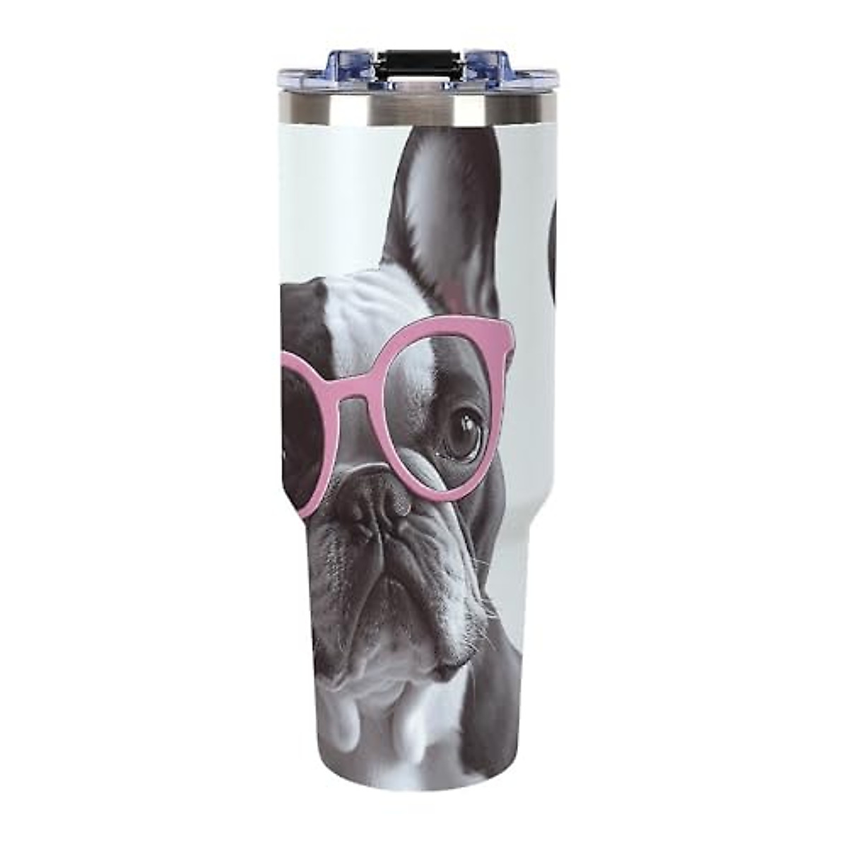 40 Oz Vacuum Tumbler with Light Rose Red Handle Leakproof Insulated Tumbler French Bulldog Pink Glasses Stainless Steel Travel Mug with Lid And Straw Coffee Cup Cute Water Bottles Cup Holder Friendly