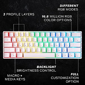 Mizar MZ60 Luna Mechanical Gaming Keyboard | 60% Keyboard 62 Key ANSI US Layout | RGB LED Backlit | Anti Ghosting NKRO | Progammable Macro Keys | Hotswap Gateron Optical Blue Switches | White