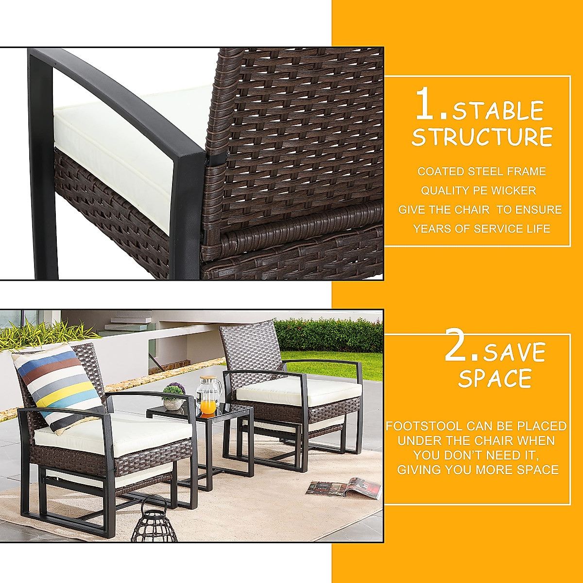 LOKATSE HOME Patio Conversation Set 5 Pieces Outdoor PE Wicker Rattan Sofa Furniture Cushioned Chairs and Ottomans with Tempered Glass Coffee Table, White