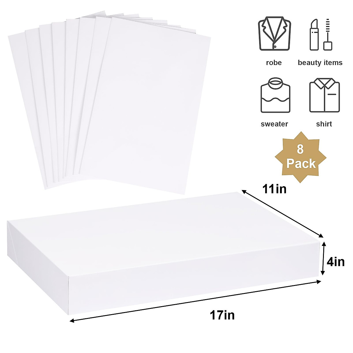 Moretoes 8pcs Gift Boxes with Lids for Presents, White Robe Boxes, XLarge Shirt Boxes Bulk for Wrapping Gifts, Christmas, Holidays, Birthdays, Graduations, Weddings (17''x11''x2.4'')