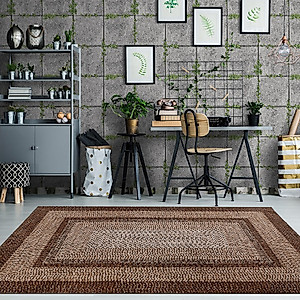 RUGSREAL 10x13 Large Living Room Rug Braided Print Rug Boho Accent Throw Carpet Farmhouse Rustic Rug Non Slip Geometric Bordered Area Rug Bohemian Carpet for Bedroom Home Decor Office, Brown