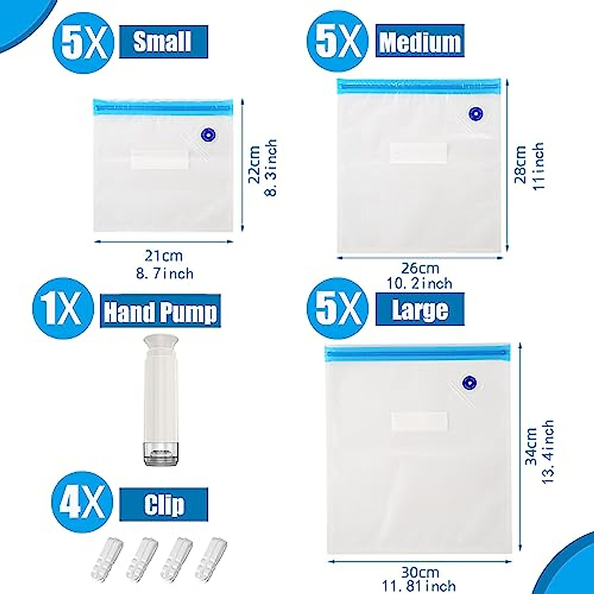 Sous Vide Bags,20pcs Reusable Vacuum Sealer Bags Kit,15 Mixed Sizes BPA Free Zipper Bags for Food,4 Sealing Clips,1 Hand Pump for Food Storage and Sous Vide Cooking