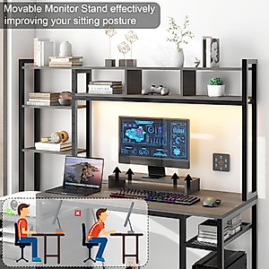 Computer Desk with Storage Shelves and 2 Drawers, 59" Gaming Desk with LED Lights & Power Outlets, Gray Home Office Desk with Hutch Monitor Stand for Study Office Writing Game