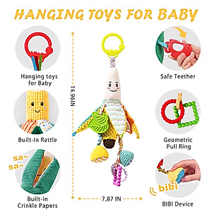 Jollybaby Stroller Rattle Toys for Car Seat Parm, Fruit Plush Hanging Infant Crib Bed Travel Activity Ring Bell with Crinkle, Squeaky & Teether for Boys Girls(Banana)