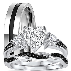 LaRaso & Co His and Hers 3 Piece Trio Sterling Silver Black Wedding Band Engagement Ring Set