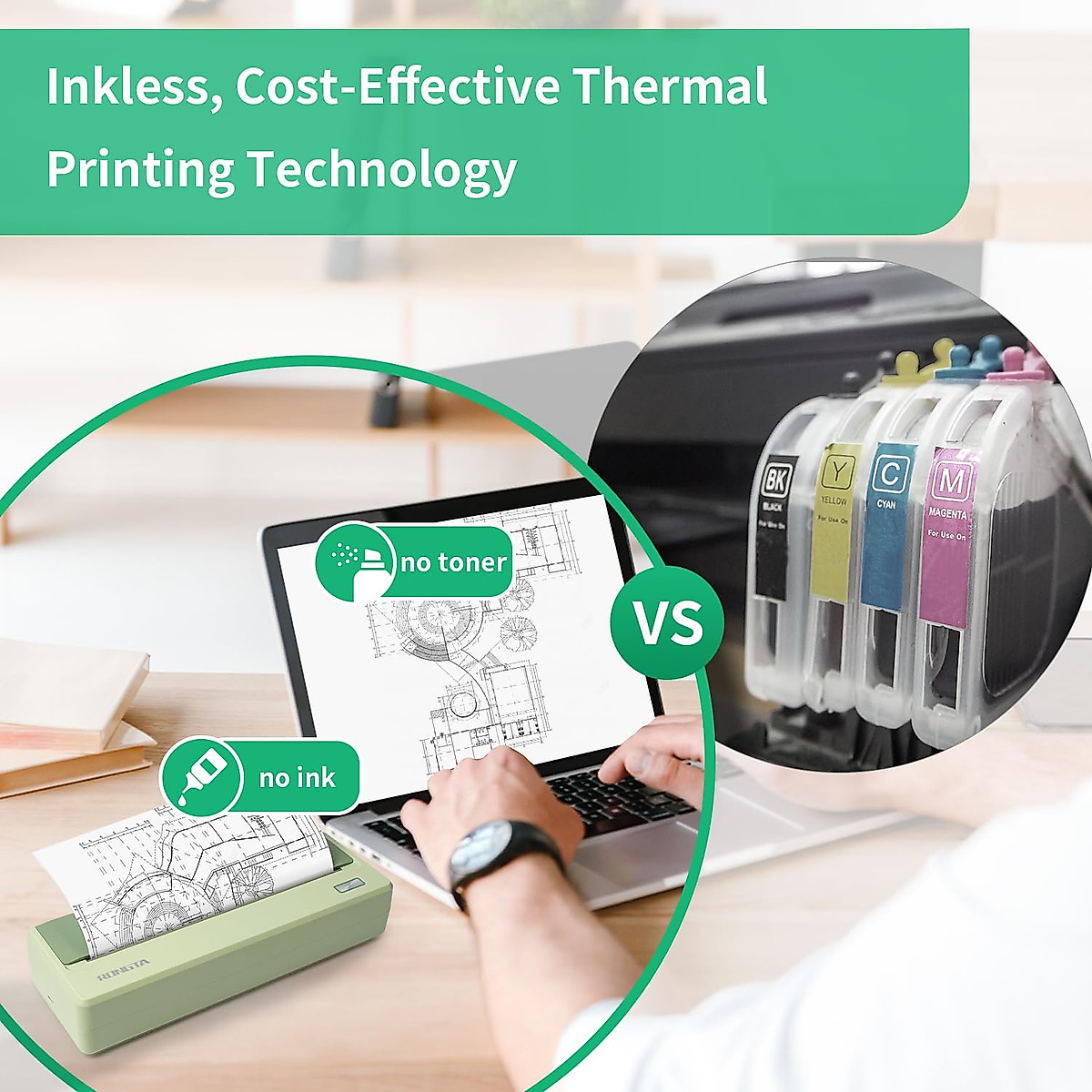 Portable Printer Wireless for Travel, Inkless Printer Support 8.5" X 11" US Letter &Legal, A4&A5 Thermal Paper, Wireless Printer Compatible with Android/iOS & Laptop for Home Use (Avocado Green)