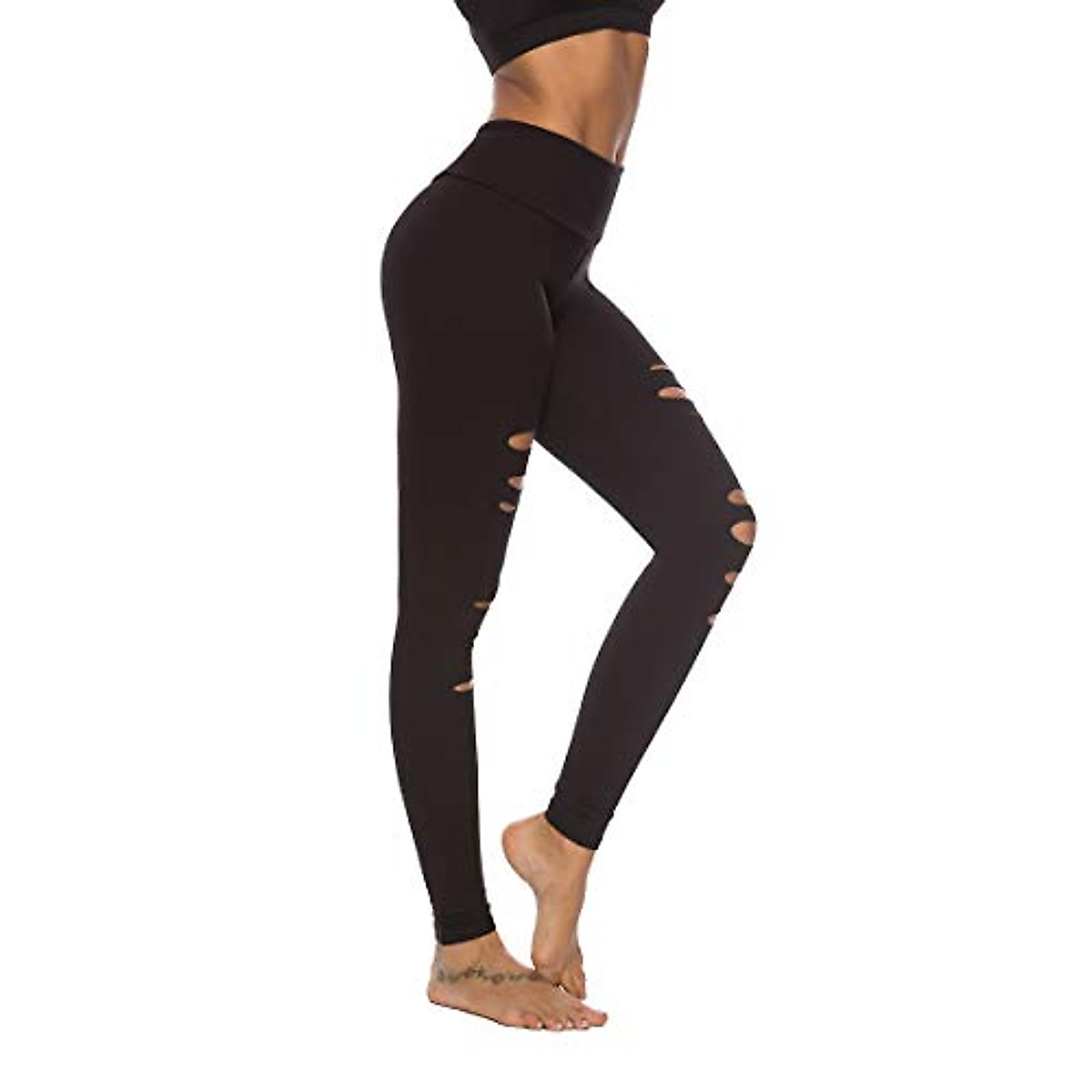 DIBAOLONG Womens High Waist Yoga Pants Cutout Ripped Tummy Control Workout Running Yoga Skinny Leggings Black L