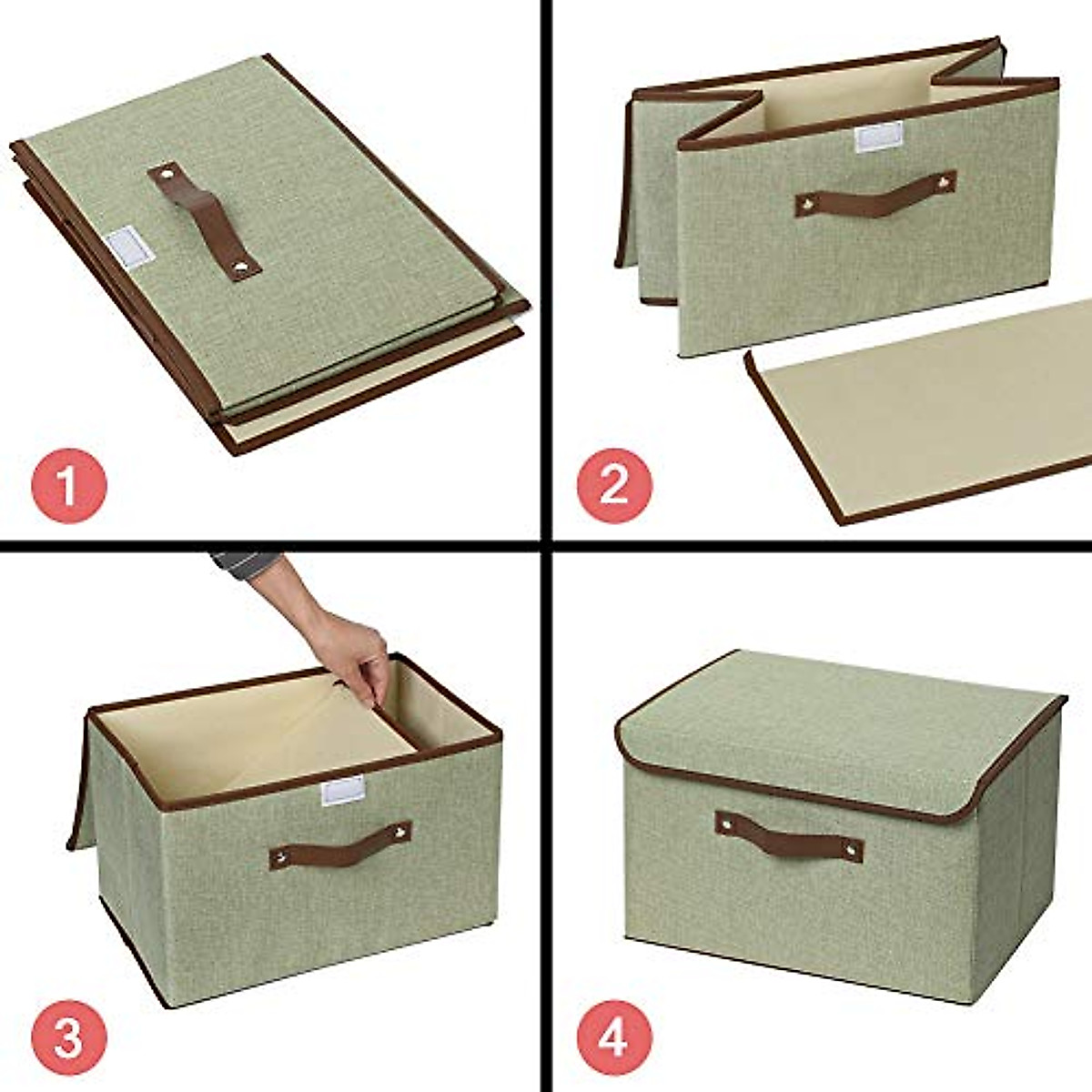 UUJOLY Large Storage Bins Linen Fabric Foldable Basket Cubes Organizer Storage Box Drawer with Lid and Handles for Home, Office, Closet, Bedroom, Nursery（(Green-2pcs)）
