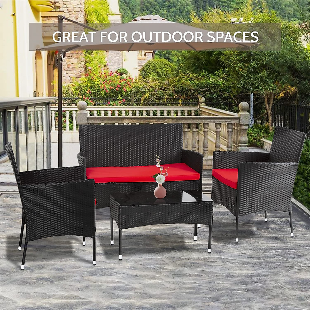 FDW Patio Furniture Set 4 Pieces Outdoor Furniture Wicker Patio Chair Rattan Patio Furniture Patio Conversation Set for Outdoor Indoor Use with Loveseats Coffee Table,Red Cushion