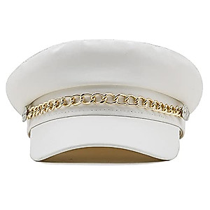 Women Yacht Captain Sailor Hat PU Newsboy Cabbie Baker Boy Peaked Beret Cap White with Chain