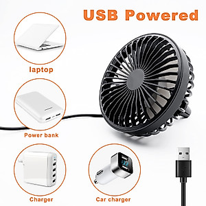Zuvas Car Fan USB Fan with Night Light, 360° Rotation Clip Fan for Vehicle Air Circulation, 3 Wind Speed Air Conditioner Cooling Fan for Car Truck SUV RV Outdoor, Black