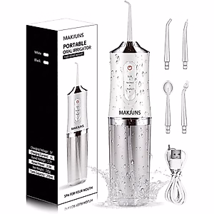MAKJUNS Water Dental Flosser Cordless Teeth Cleaner with 3 Modes 4 Jets Rechargeable IPX7 Waterproof Dental Oral Irrigator for Travel Home Braces(Silver)