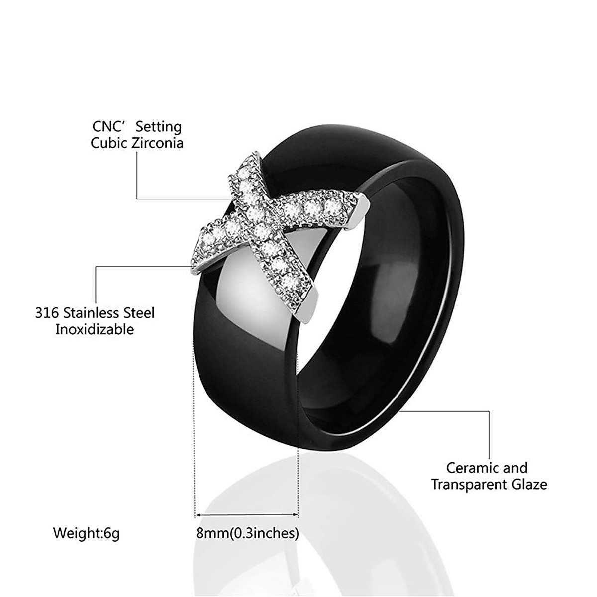 PAURO Women's Ceramic Round Cubic Zirconia Engagement Wedding Band Ring X Shape Black Size 9
