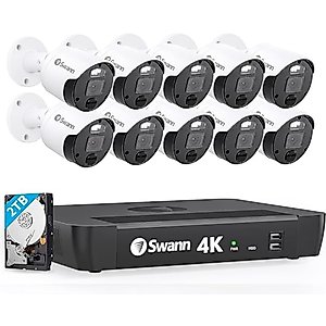 SWANN Master 4K, 16 Channel Home Security Camera System, 2TB NVR, 10 PoE IP Cameras Outdoor, Wired Surveillance CCTV, Heat Motion Vehicle Detection, LED Light, 24/7 Recording Security Camera, 1676810