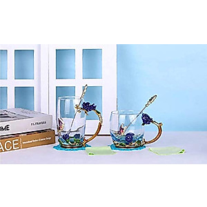 Tea Mug,Coffee Spoons,Glass Tea Cups,Coffee Cups Glass,Glass Mugs with Handles,Tea Lovers Gifts for Women,Butterfly Gifts for Women,Tea Sets for Women, Gift Ideas for Women. (Dwarf Blue Rose Tea Cup)