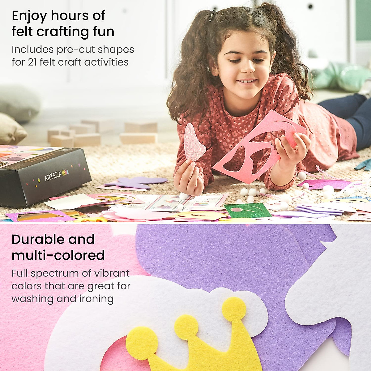 Arteza Kids Felt Kit, 422 Pieces, 21 Pre-Cut Glitter & Glitz Shapes, Assorted Felt Sheets, Glitter Mini-Pieces, Chenille Stems, and Accessories, Educational Kids’ Craft Supplies to Inspire Creativity