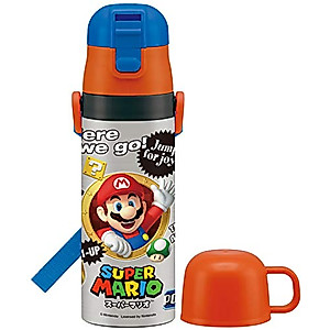 Skater SKDC4 Children's Water Bottle, 2-Way, Direct Drinking, One-Touch Cup Included, Super Mario, Diameter 2.7 x Height 9.1 inches (68 x 230 mm), 15.2 fl oz (430 ml), Stainless Steel, Kids Boys
