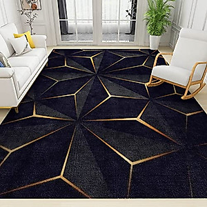 Modern Abstract Art Area Rug, Black Gold Geometry Rugs Floor Carpet, Indoor Non-Slip Rug for Room Sofa Living Room Mat Bedroom Home Decor Floor Mats 6.6' x 5.3'