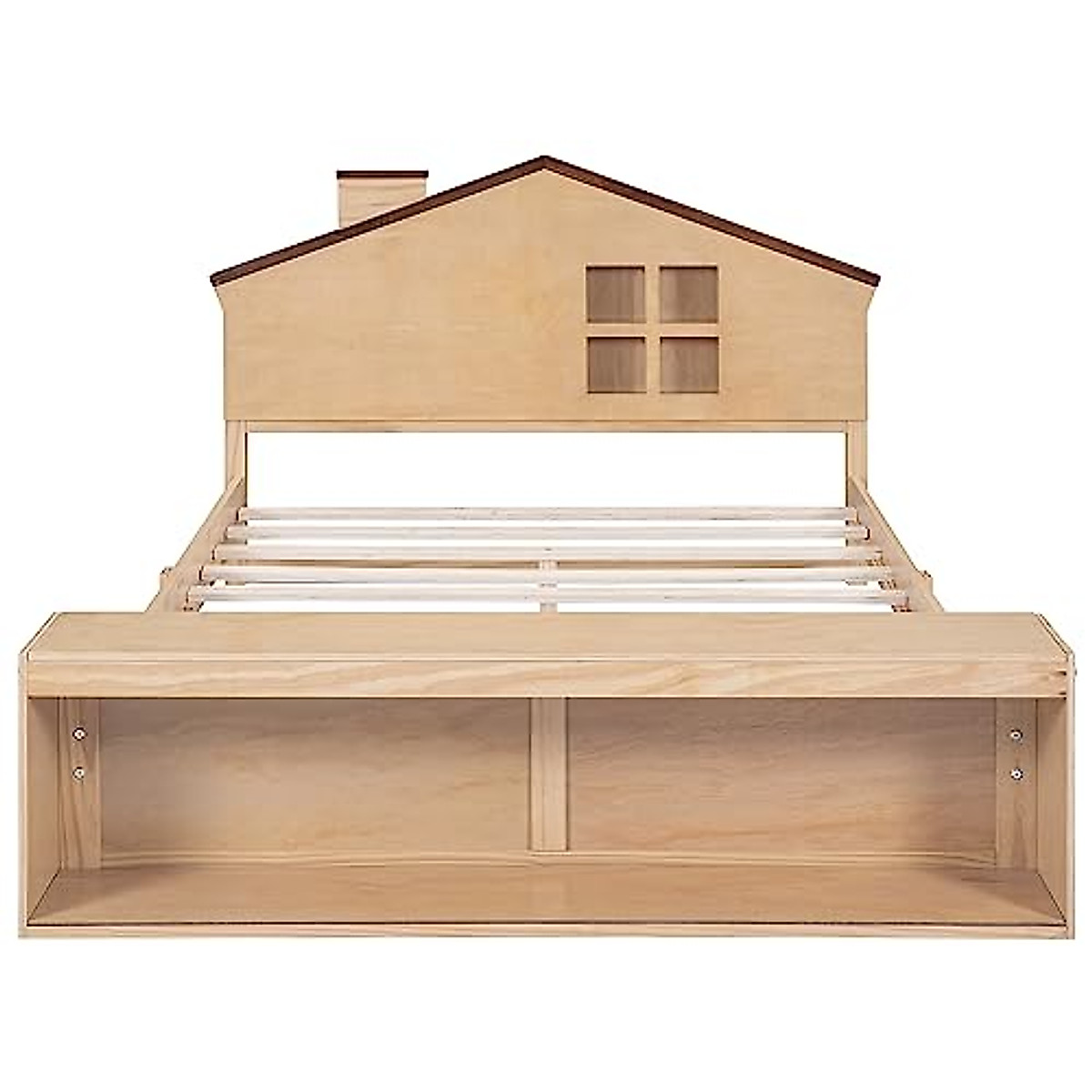FAVSH Full Size House Platform Bed with LED Lights and Storage,Wood Kids Bed Frame w/House-Shaped Headboard and Slats Support, No Box Spring Needed,Natural