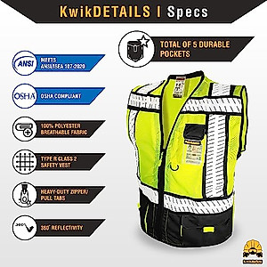 KwikSafety - Charlotte, NC - SPECIALIST Safety Vest [Multi-Use Pockets] Class 2 ANSI OSHA High Visibility Reflective Heavy Duty Solid Mesh HiVis Construction Surveyor Work Men/Black XL