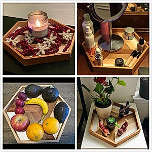 Prometis Hexagon Serving Decorative Tray Sturdy Wooden Handmade，Great for Dinner Tray/Coffee Table/Decoration Table
