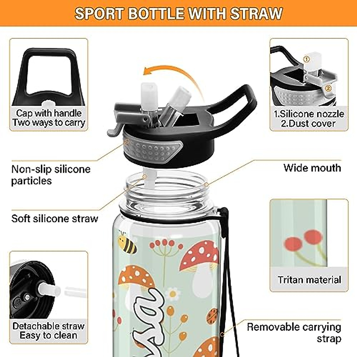 Wusikd Mushroom Custom Water Bottle Tritan BPA-Free Drink and Straw Leakproof Motivational Bee Ladybug Drinking Water Bottles with Carrying Strap for Office, Gym, Outdoor Sports