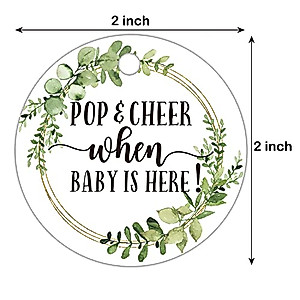 Baby Shower Mini Champagne Bottle Favor Tags, Pop and Cheer When Baby is Here Tags, Greenery Champagne Baby Shower Favor Tags, 2 Inches, 50 Count with Golden Ribbon