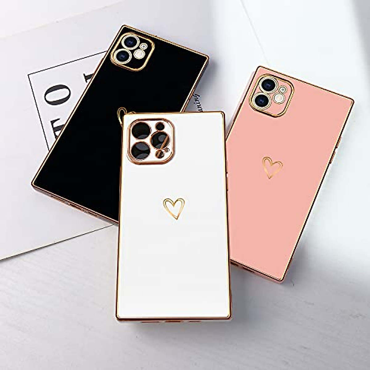 Pepmune Compatible with iPhone 11 Case, Women Cute Luxury Heart Design Shockproof Soft Bumper Girls Square Bling Silicone Camera Lens Protective Cover for Apple iPhone 11 Phone Cases Black 6.1 inch